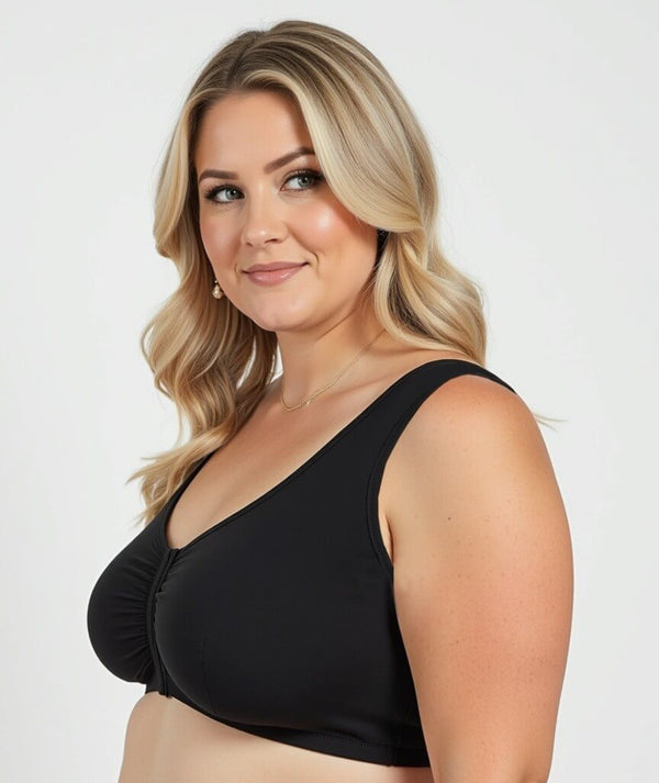 Ava & Audrey Priscilla Cotton Wire-Free Front Opening Bra - Black - Curvy Bras