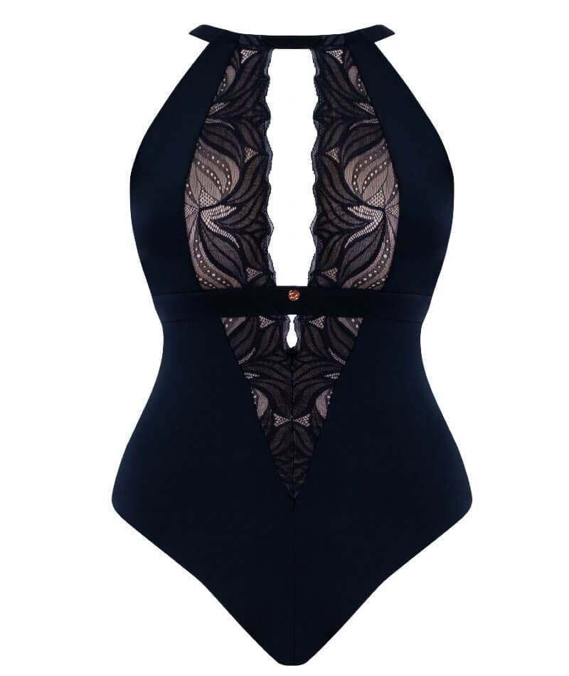 Scantilly Indulgence Stretch Lace Bodysuit - Black/Latte - Curvy Bras
